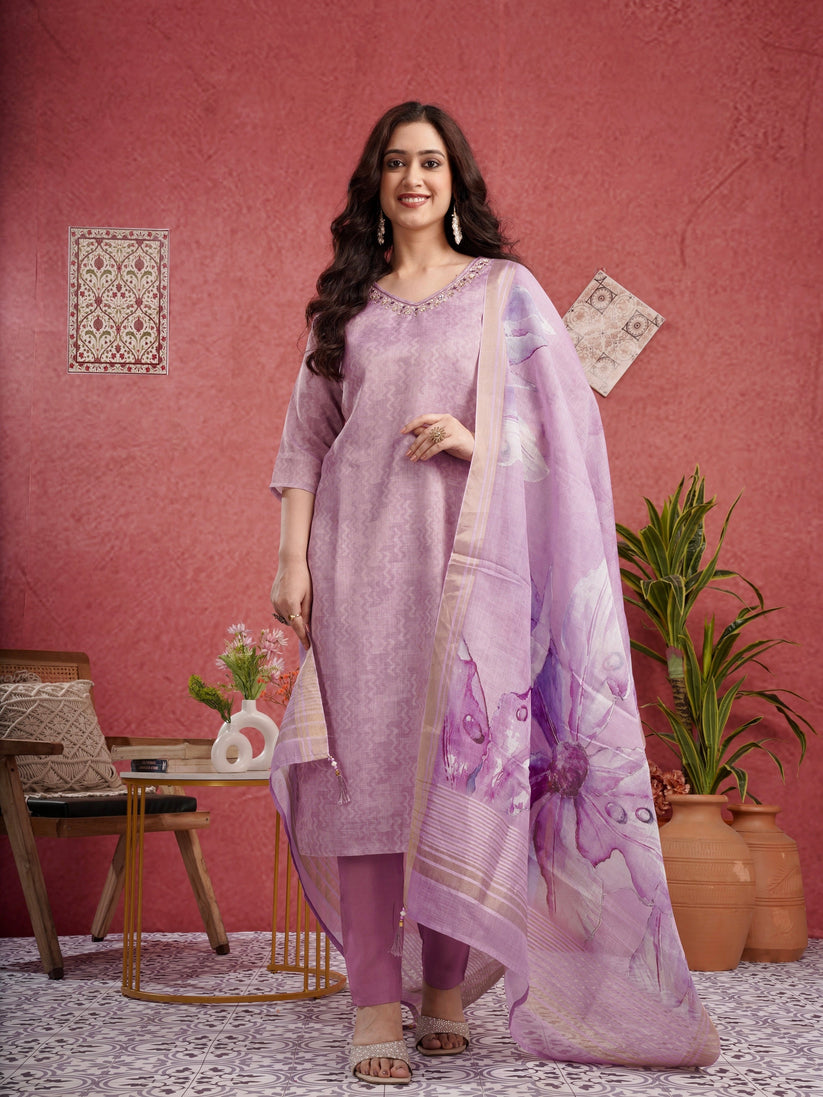 Violaceous Sparkle Linen Ready To Wear Kurti Set – Geetha Textile